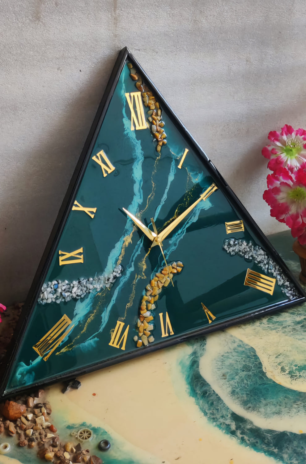 Buy Shiny Triangle Green with Golden Roman Numbers Resin Wall Clock